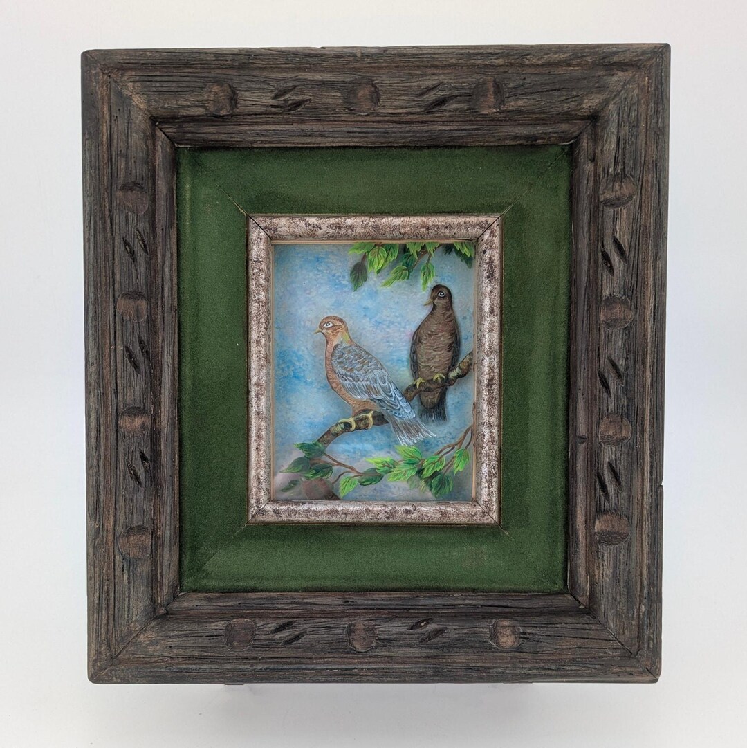 VTG Layered Glass Painting Turtle Dove Birds 70s Framed Signed Art ...