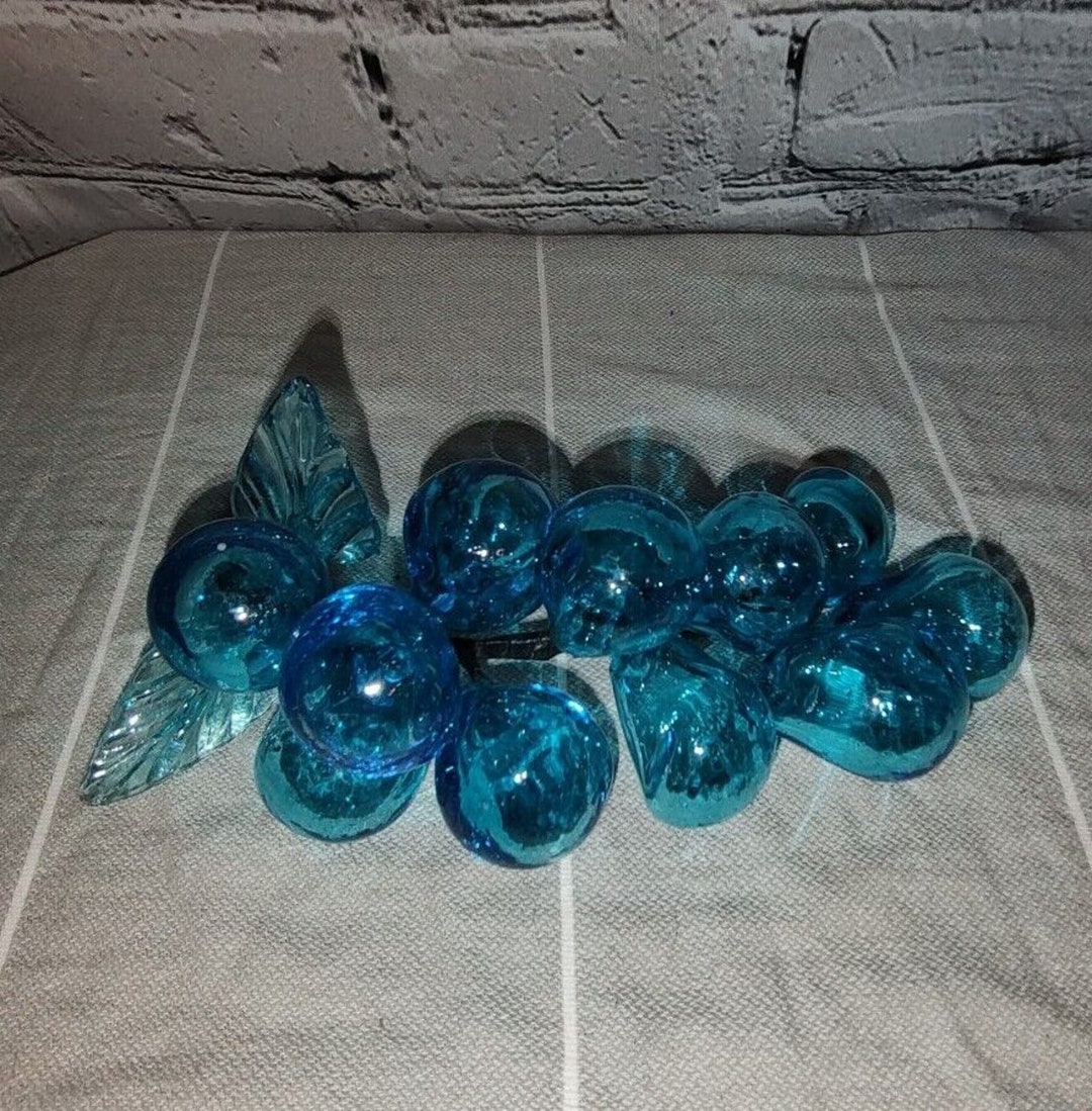 MCM Blown Glass Grape Cluster Artisan Aqua Blue Teal Table Fruit ...