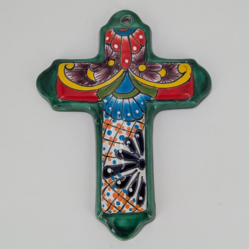 Talavera Hand Painted Mexican Cross Terra Cotta Ceramic Wall Plaque 11 ...