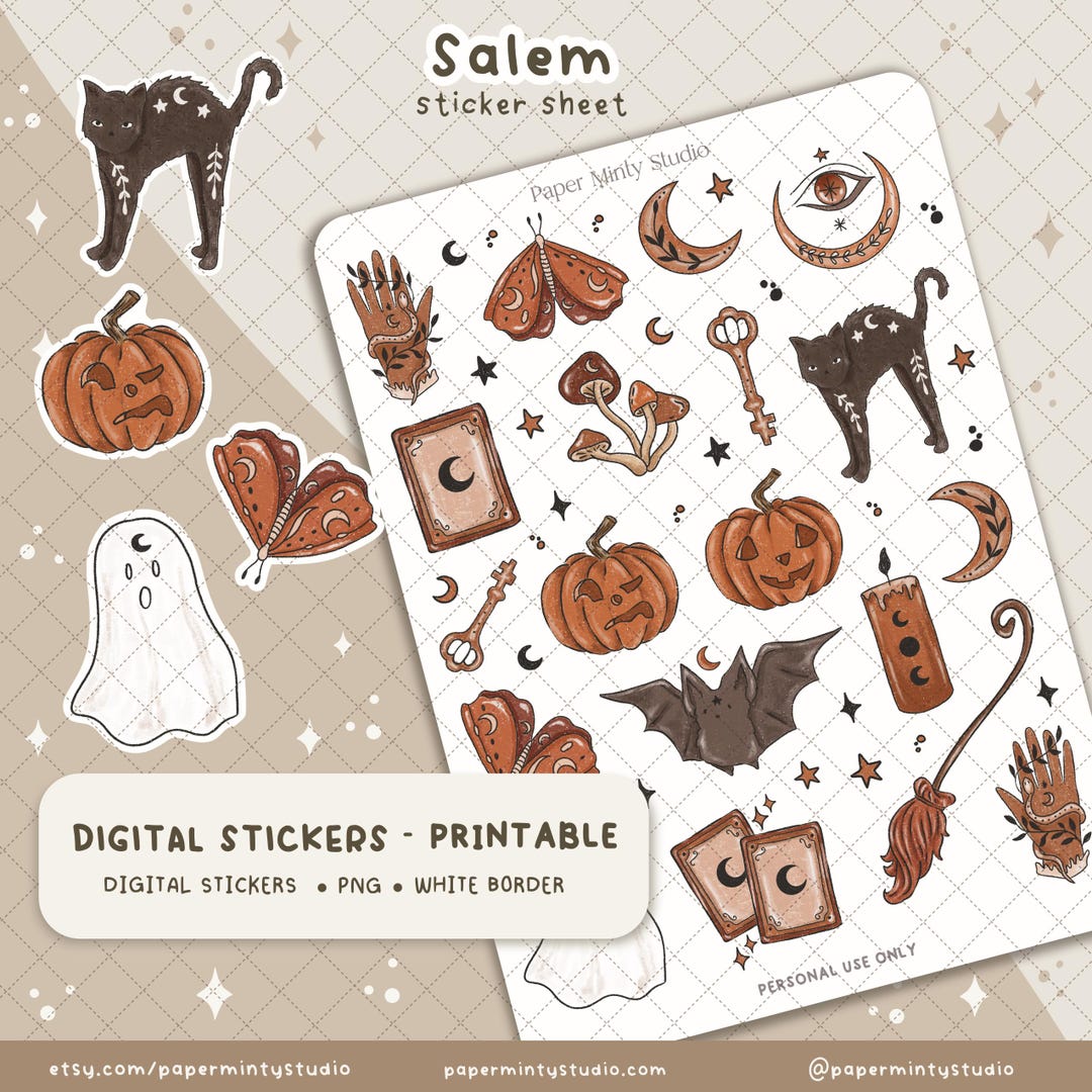 Salem Halloween Printable Stickers, Cricut Stickers, Goodnotes Stickers ...