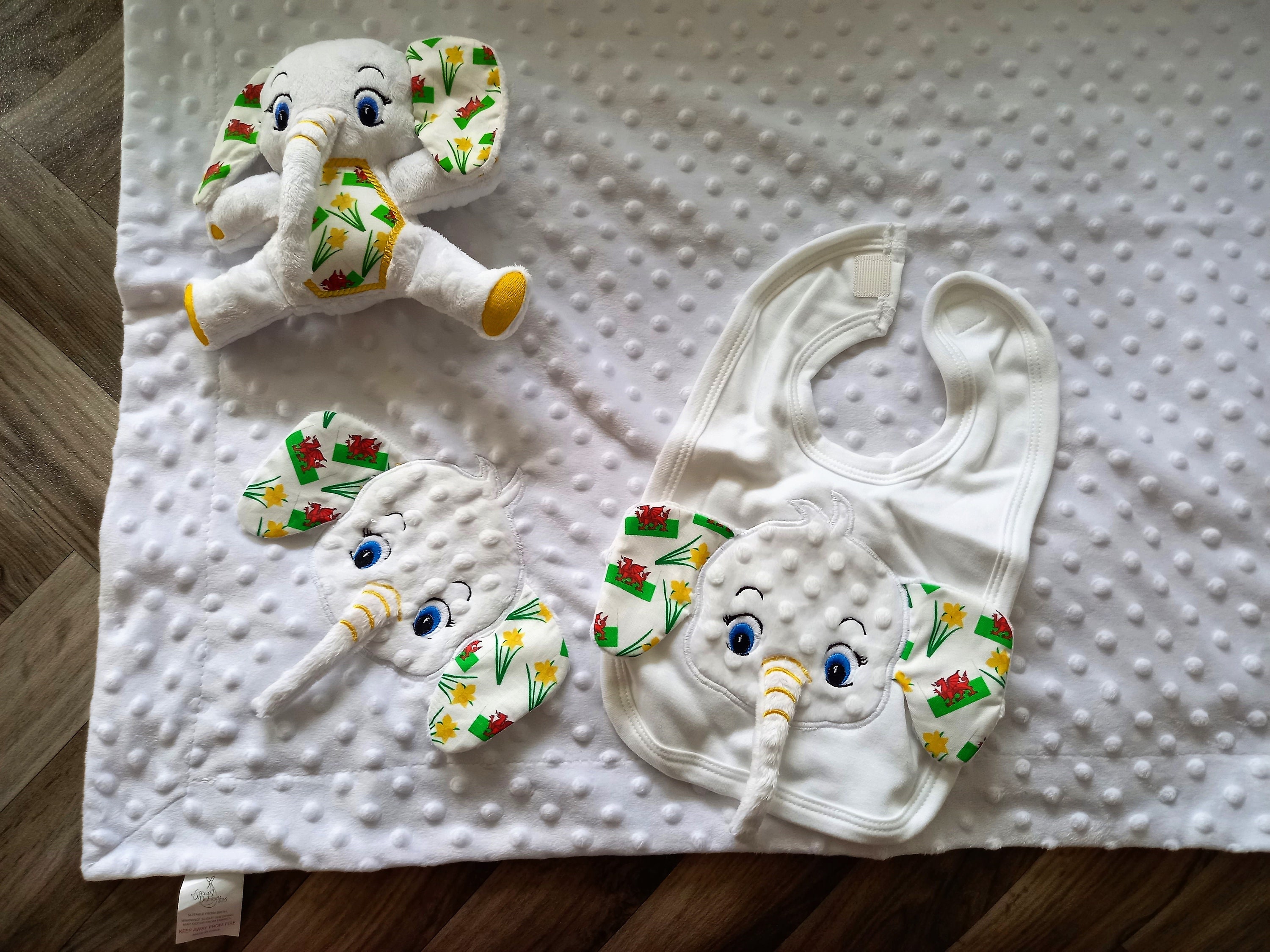 Welsh Baby Blanket Set Consists of Elephant Soft Toy, Elephant Bib, and ...