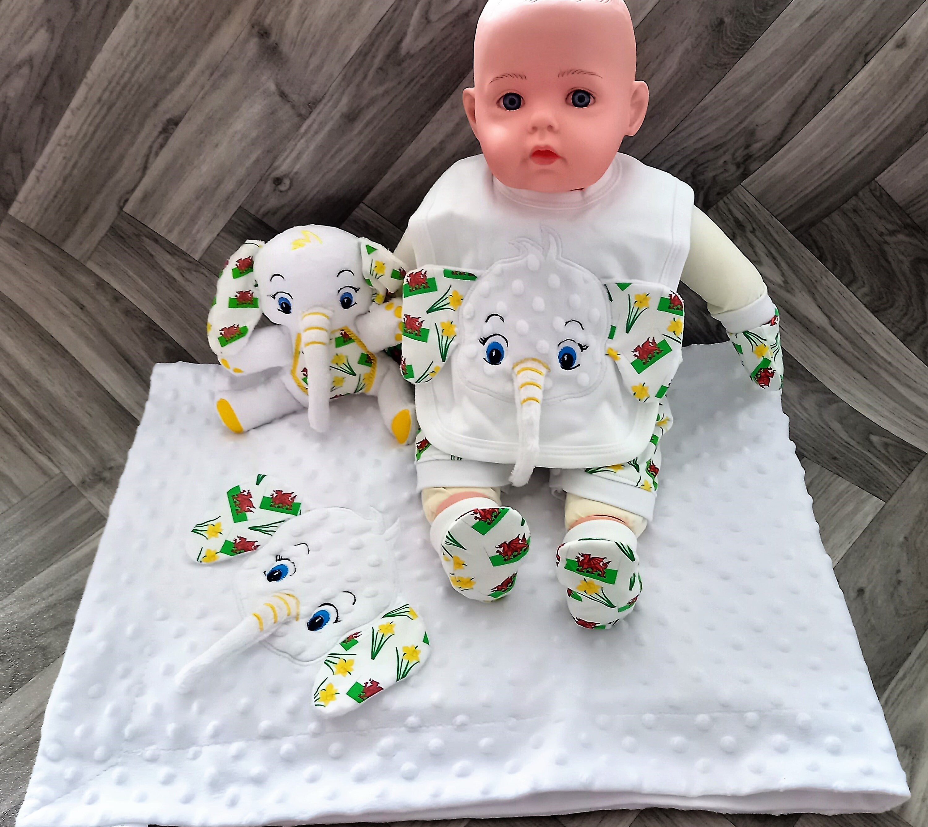 Welsh Baby Blanket Set Consists of Elephant Soft Toy, Elephant Bib, and ...