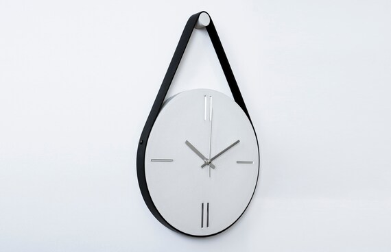 Concrete Wall Clock With Black Leather Strap Modern Wall | Etsy