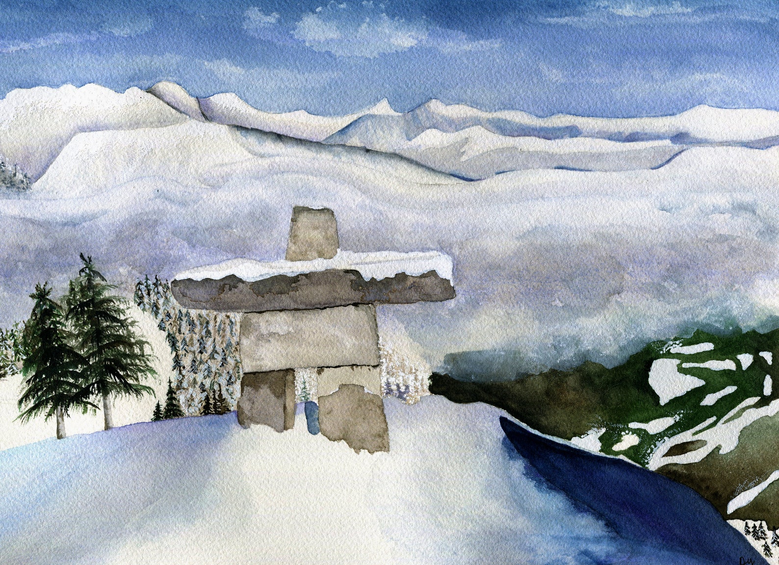 Whistler's Inukshuk Watercolor Print, mountain art, canadian mountain ...
