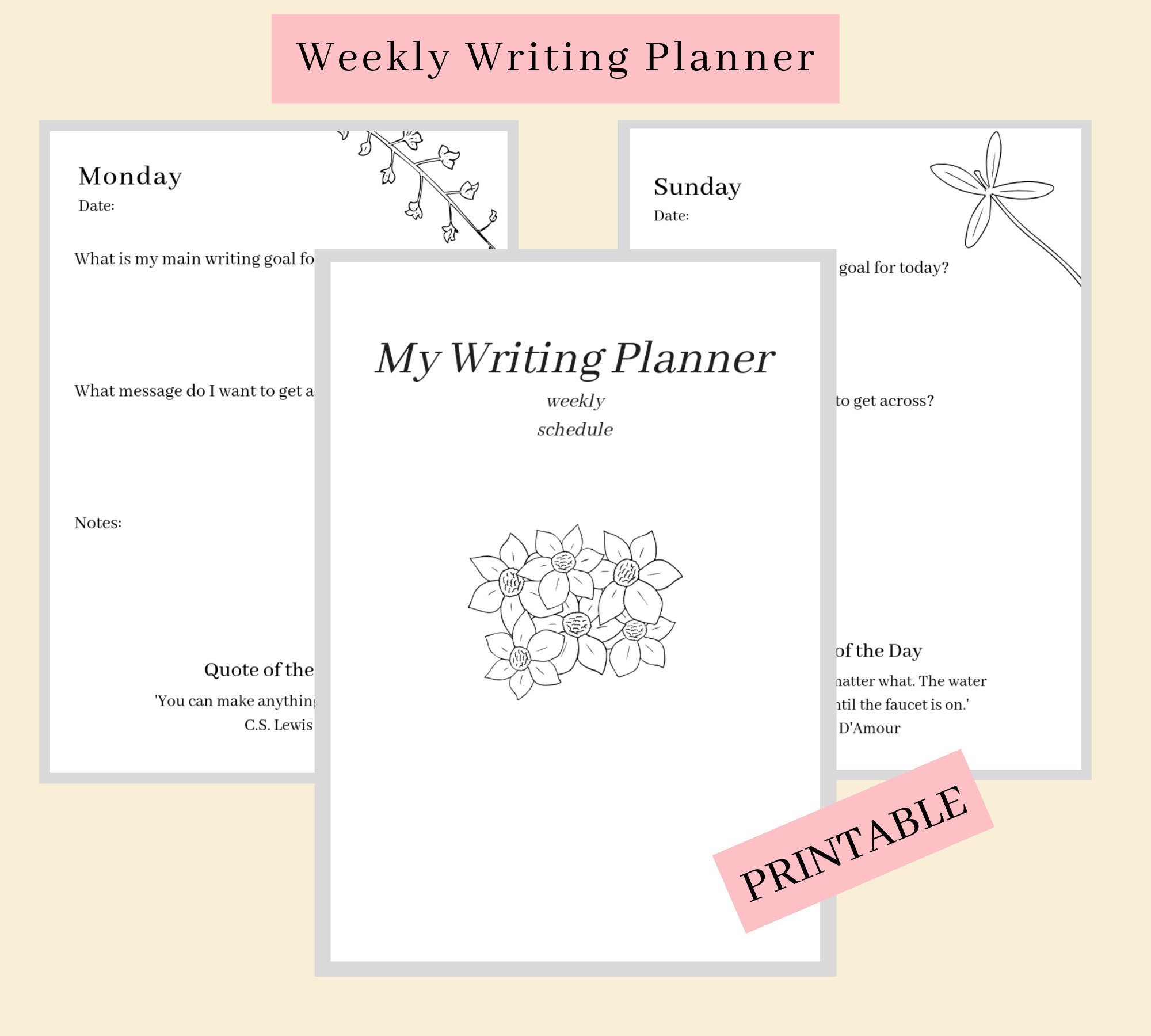 A Weekly Printable Writing Planner, Planner Schedule Weekly Planner ...