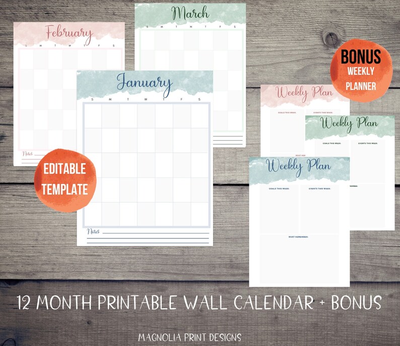 Printable Calendar, Editable Wall Calendar, Bonus Monthly Planner ...