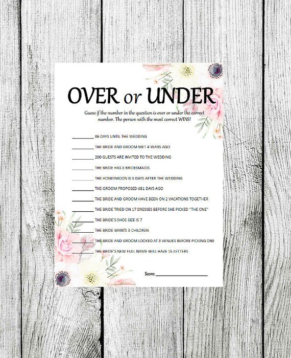 Over OR Under Bridal Shower Game | Etsy
