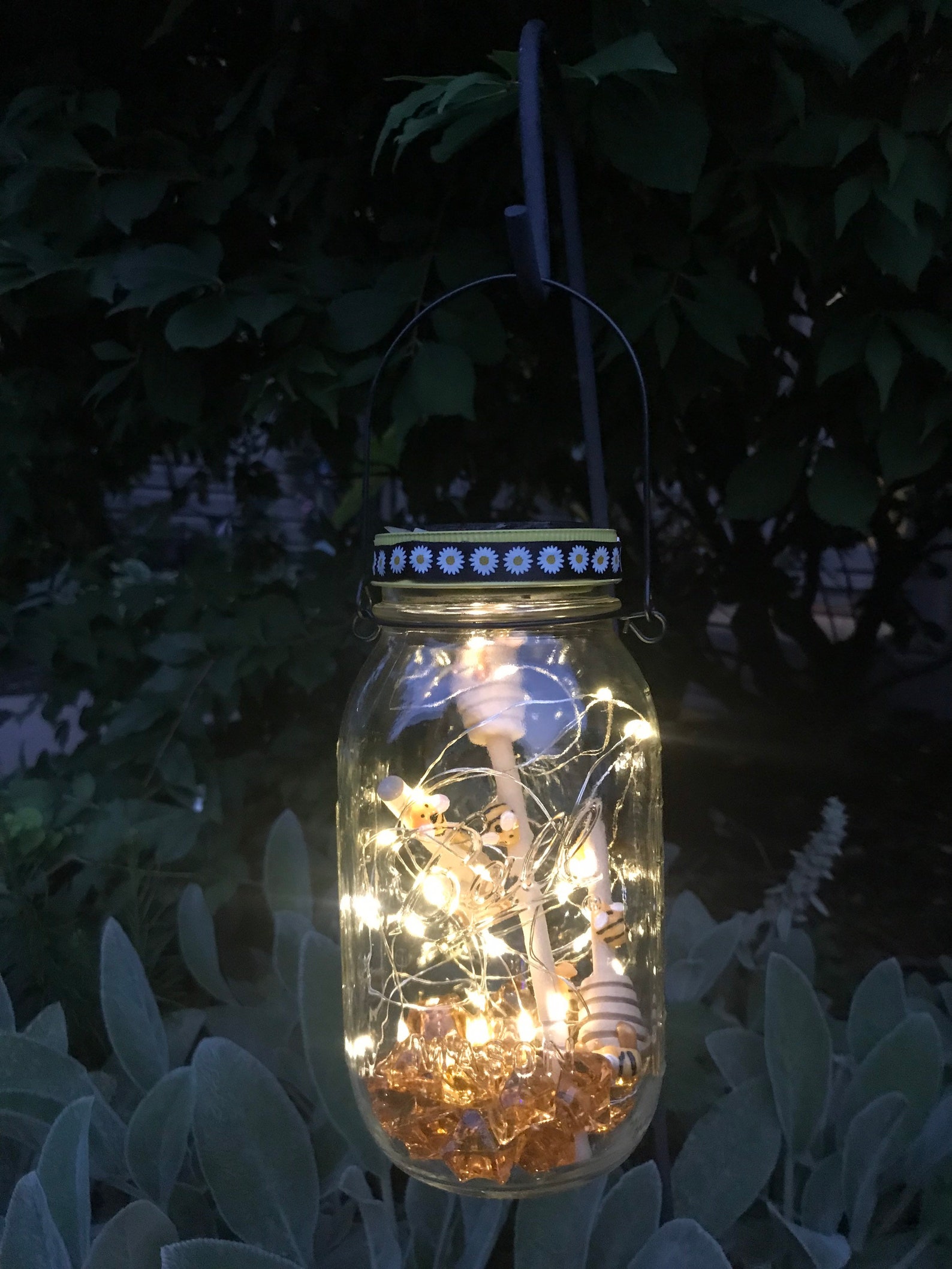 Honey Bee Decor Solar Lighted Hanging Mason Jar Lantern Fairy - Etsy