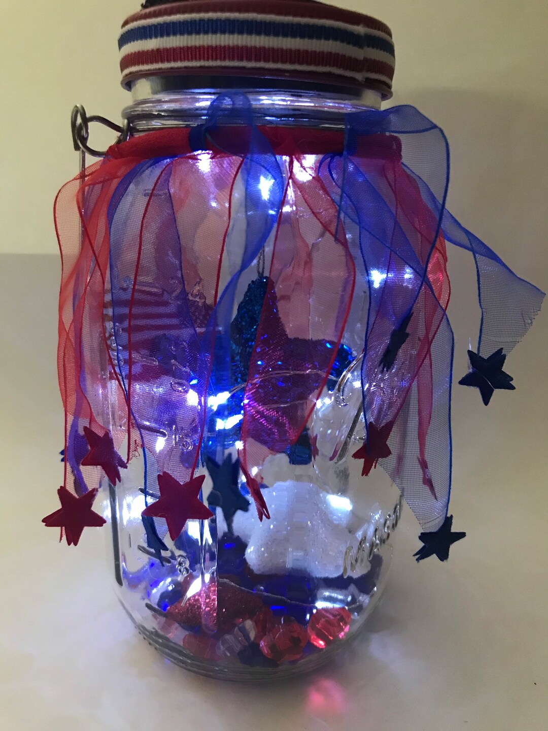 USA Patriotic Hanging Mason Jar Solar Lighted Lantern, Red, White ...