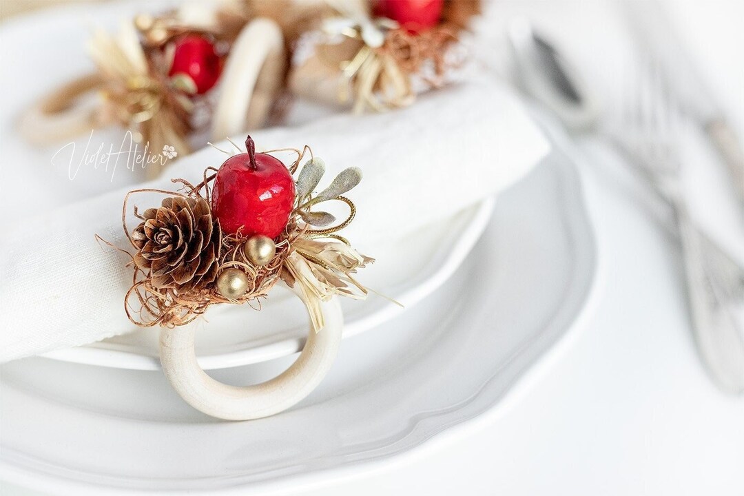 Fall Napkin Rings Set 4 Pcs, Thanksgiving Pine Cone Red Apple Napkin ...