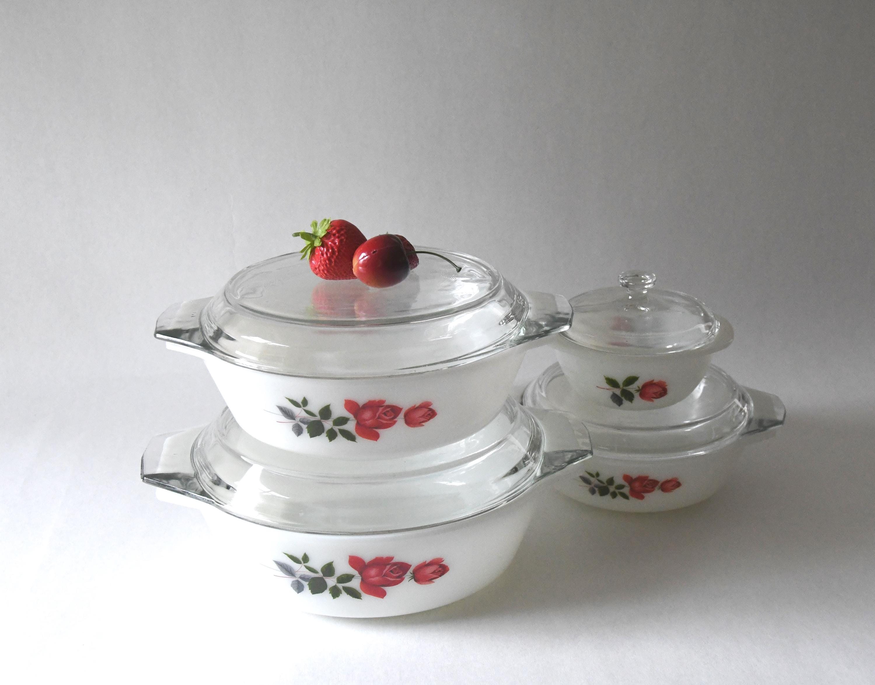 JAJ Pyrex. 4 X June Rose Bowls With Lid. Floral Pyrex Glass Stovetops ...