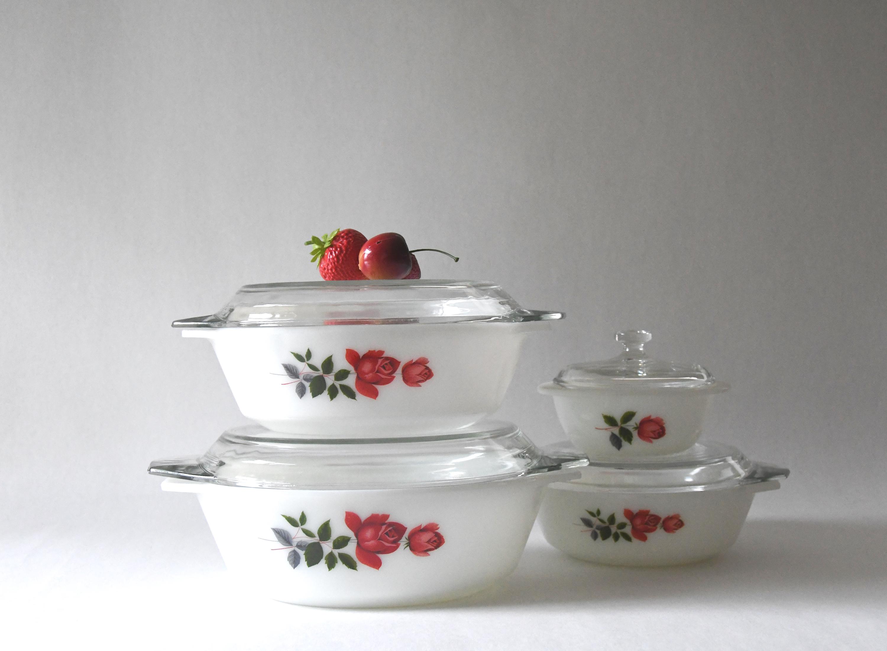 JAJ Pyrex. 4 X June Rose Bowls With Lid. Floral Pyrex Glass Stovetops ...