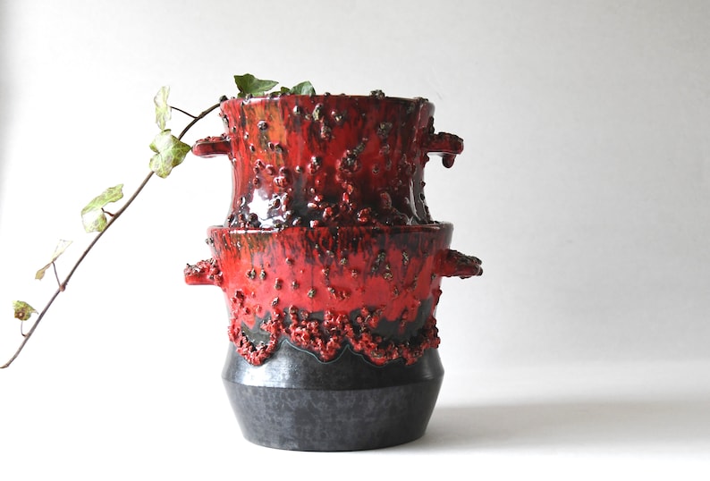 2 X Planters. Retro Fat Lava Pots 1960s. Red / Black Flower Pots. Mid ...