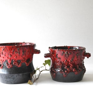 2 X Planters. Retro Fat Lava Pots 1960s. Red / Black Flower Pots. Mid ...