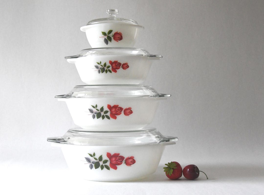 JAJ Pyrex. 4 X June Rose Bowls With Lid. Floral Pyrex Glass Stovetops ...