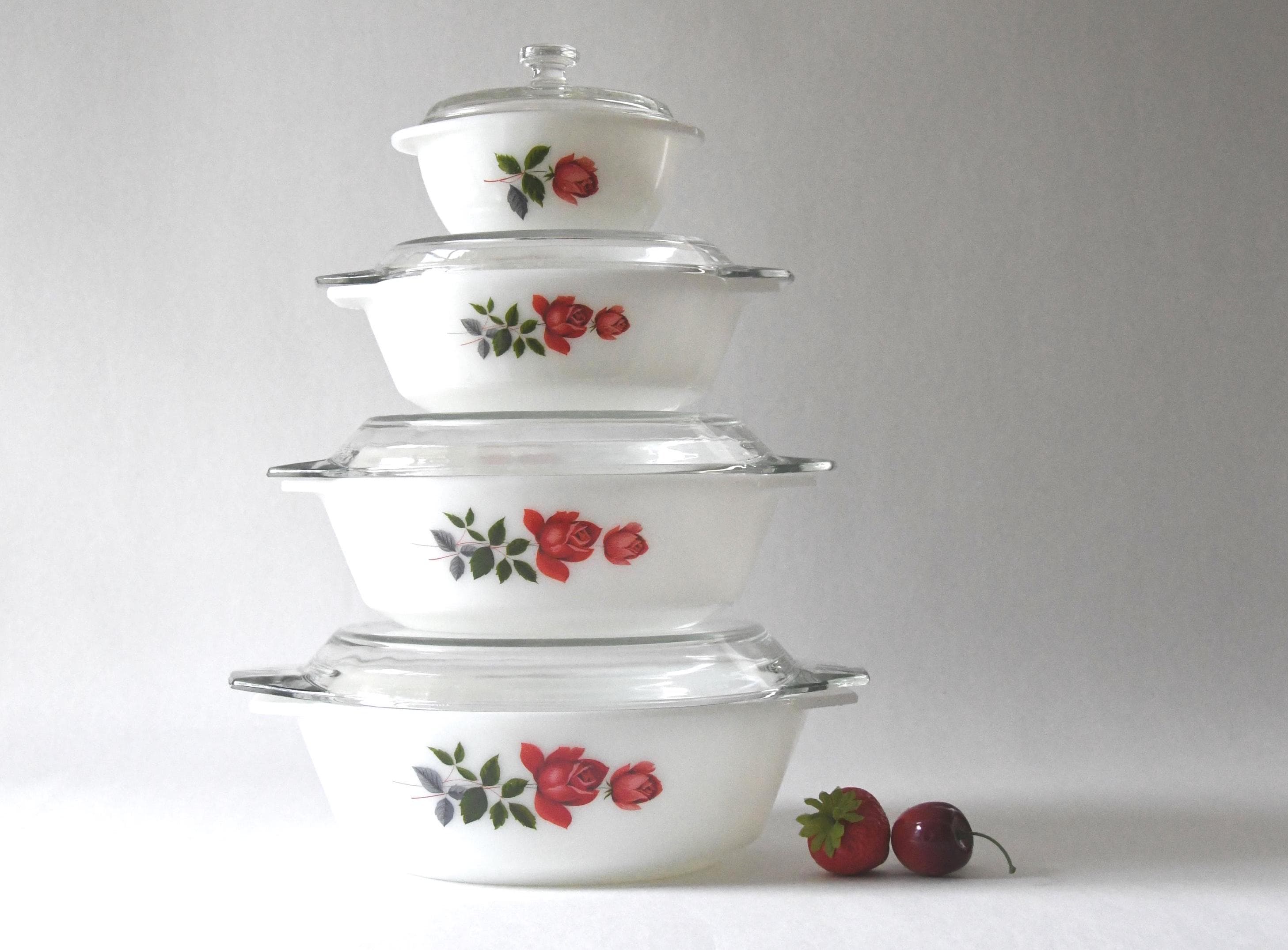JAJ Pyrex. 4 X June Rose Bowls With Lid. Floral Pyrex Glass Stovetops ...