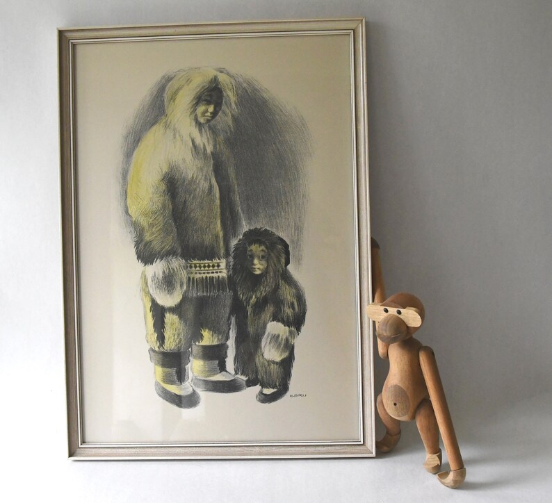 Inuit Framed Lithograph Print by B. Gru. Greenland Motif. 1950s Art ...