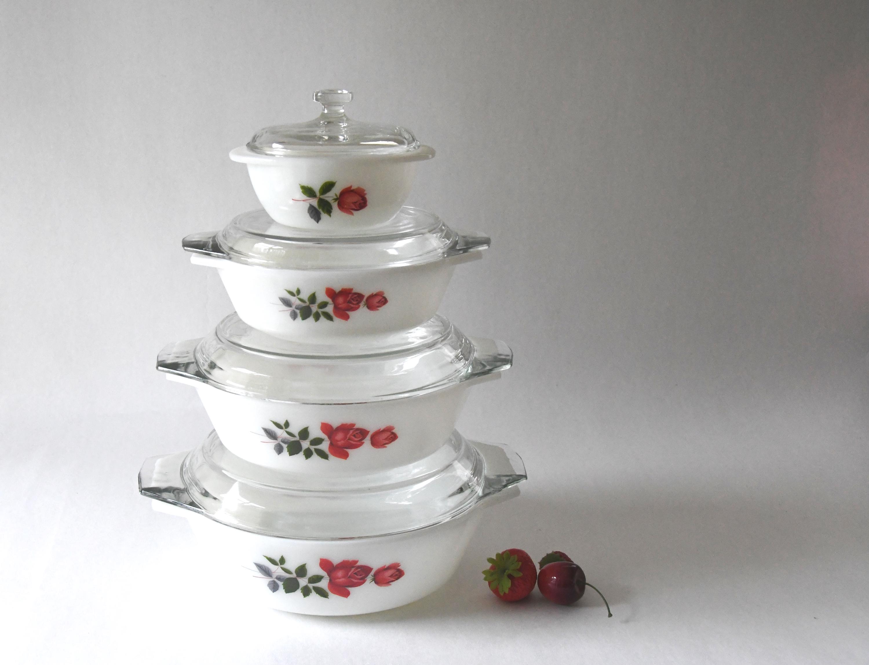 JAJ Pyrex. 4 X June Rose Bowls With Lid. Floral Pyrex Glass Stovetops ...