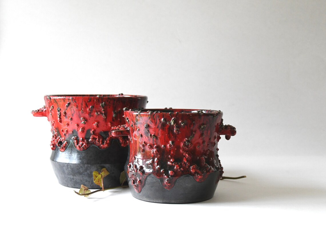 2 X Planters. Retro Fat Lava Pots 1960s. Red / Black Flower Pots. Mid ...