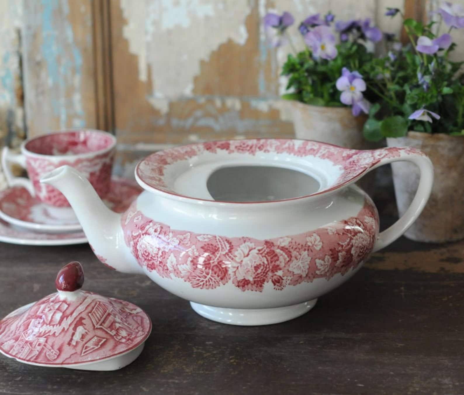 Teapot Pink Transferware by Wood & Sons. Beautiful Country Chic Tea Pot ...