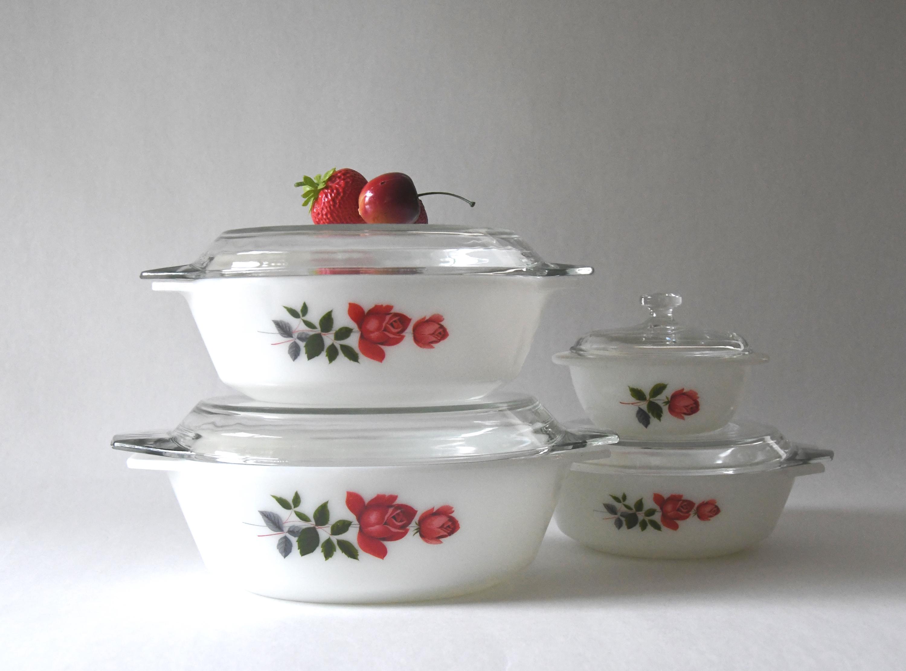 JAJ Pyrex. 4 X June Rose Bowls With Lid. Floral Pyrex Glass Stovetops ...