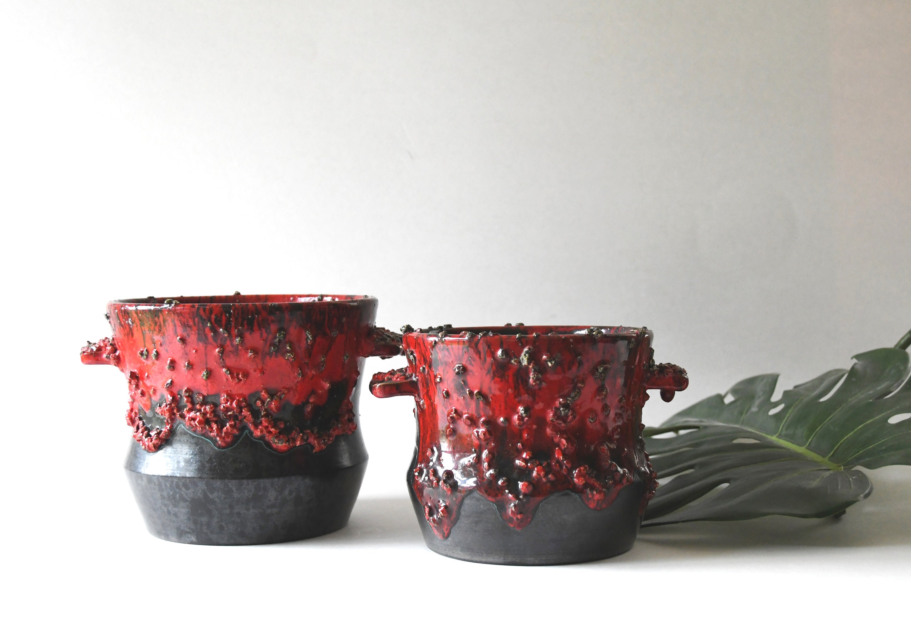 2 X Planters. Retro Fat Lava Pots 1960s. Red / Black Flower Pots. Mid ...