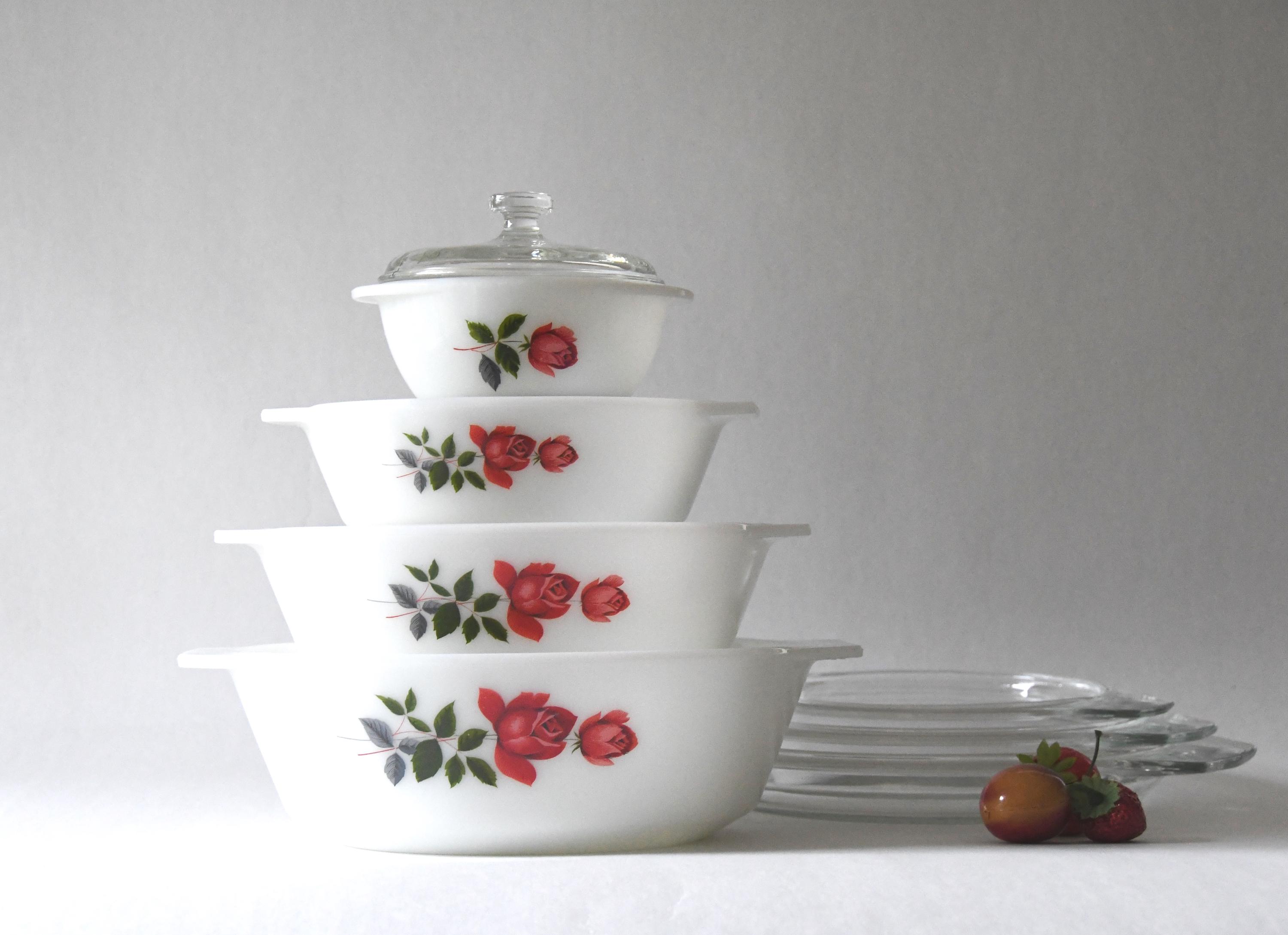 JAJ Pyrex. 4 X June Rose Bowls With Lid. Floral Pyrex Glass Stovetops ...