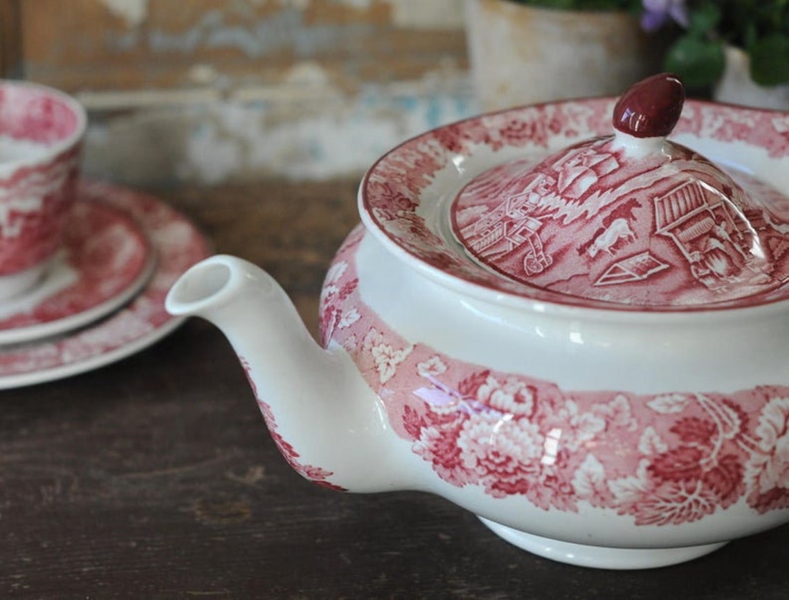 Teapot Pink Transferware by Wood & Sons. Beautiful Country Chic Tea Pot ...