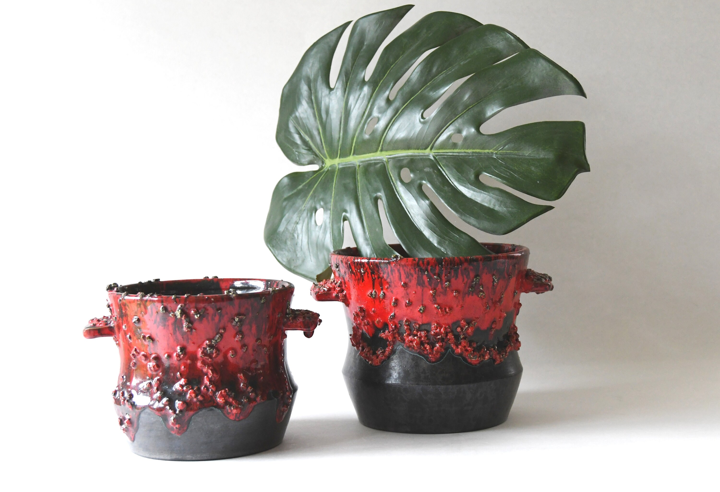 2 X Planters. Retro Fat Lava Pots 1960s. Red / Black Flower Pots. Mid ...