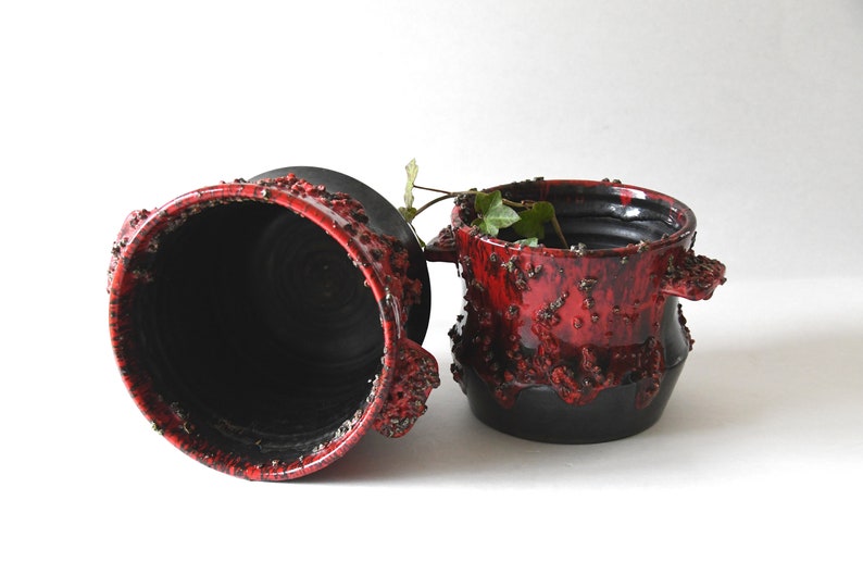2 X Planters. Retro Fat Lava Pots 1960s. Red / Black Flower Pots. Mid ...