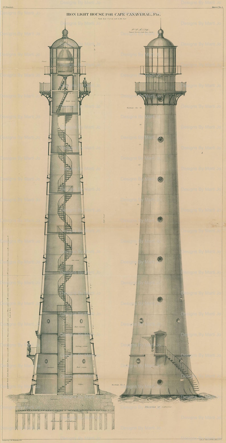 Vintage Lighthouse Drawings | 12 Lighthouse Blueprint Illustrations ...