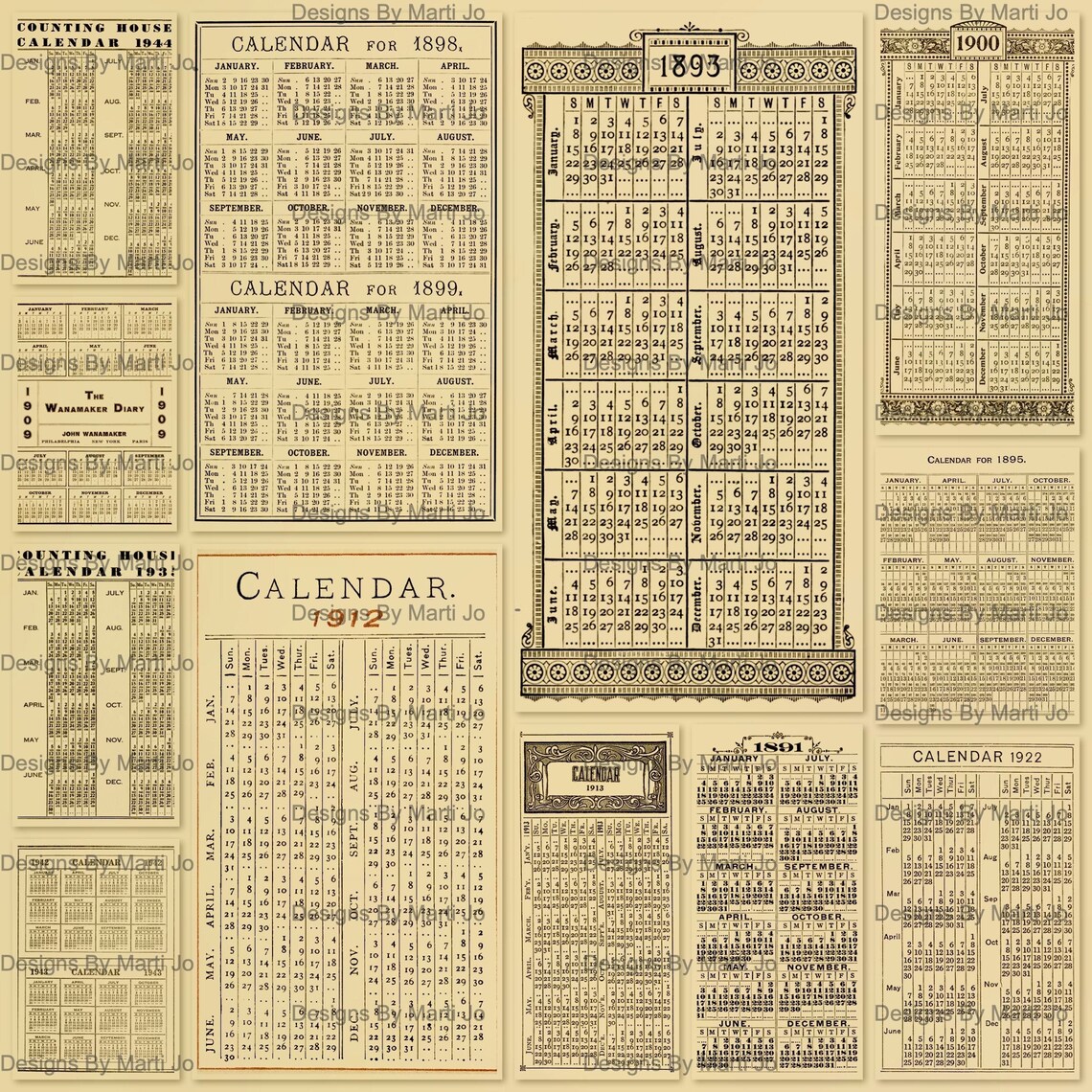Vintage Yearly Calendar Overlay PNG Files: Printable Ephemera for ...
