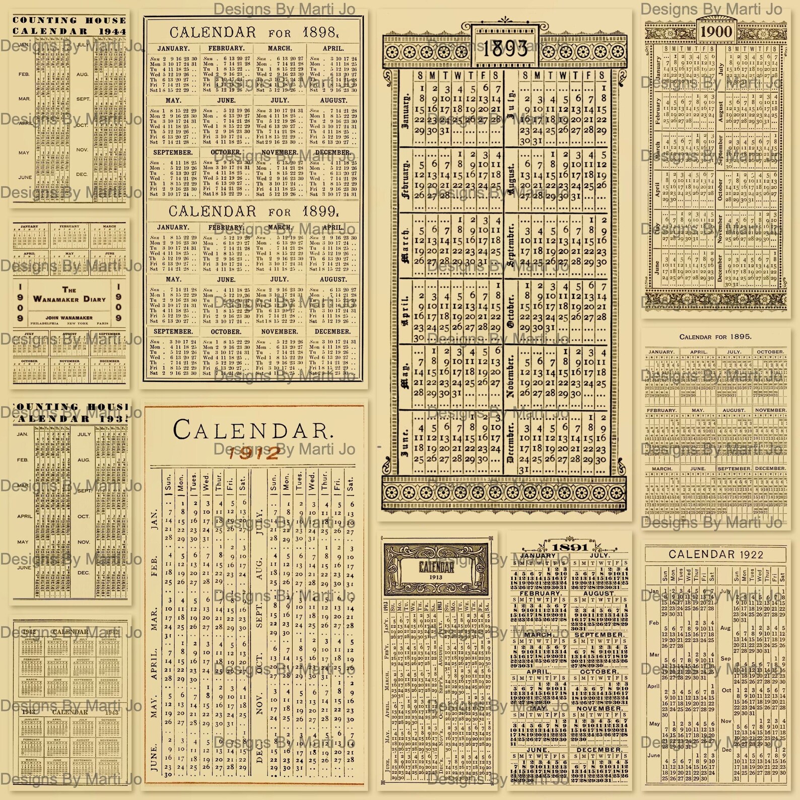 Vintage Yearly Calendar Overlay PNG Files: Printable Ephemera for ...