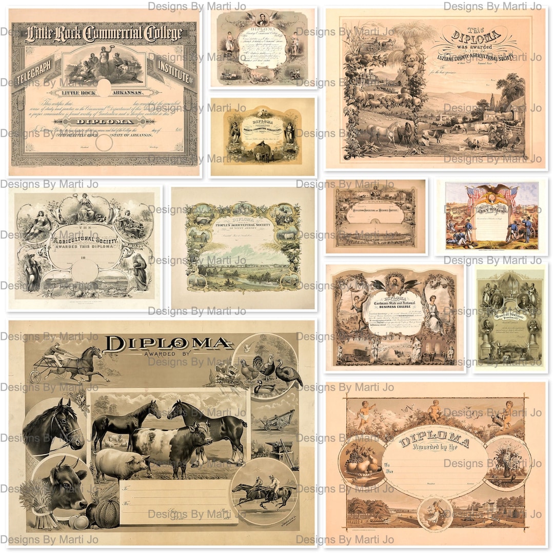 12 Vintage Diplomas | Antique Diploma Certificates | Instant Download ...
