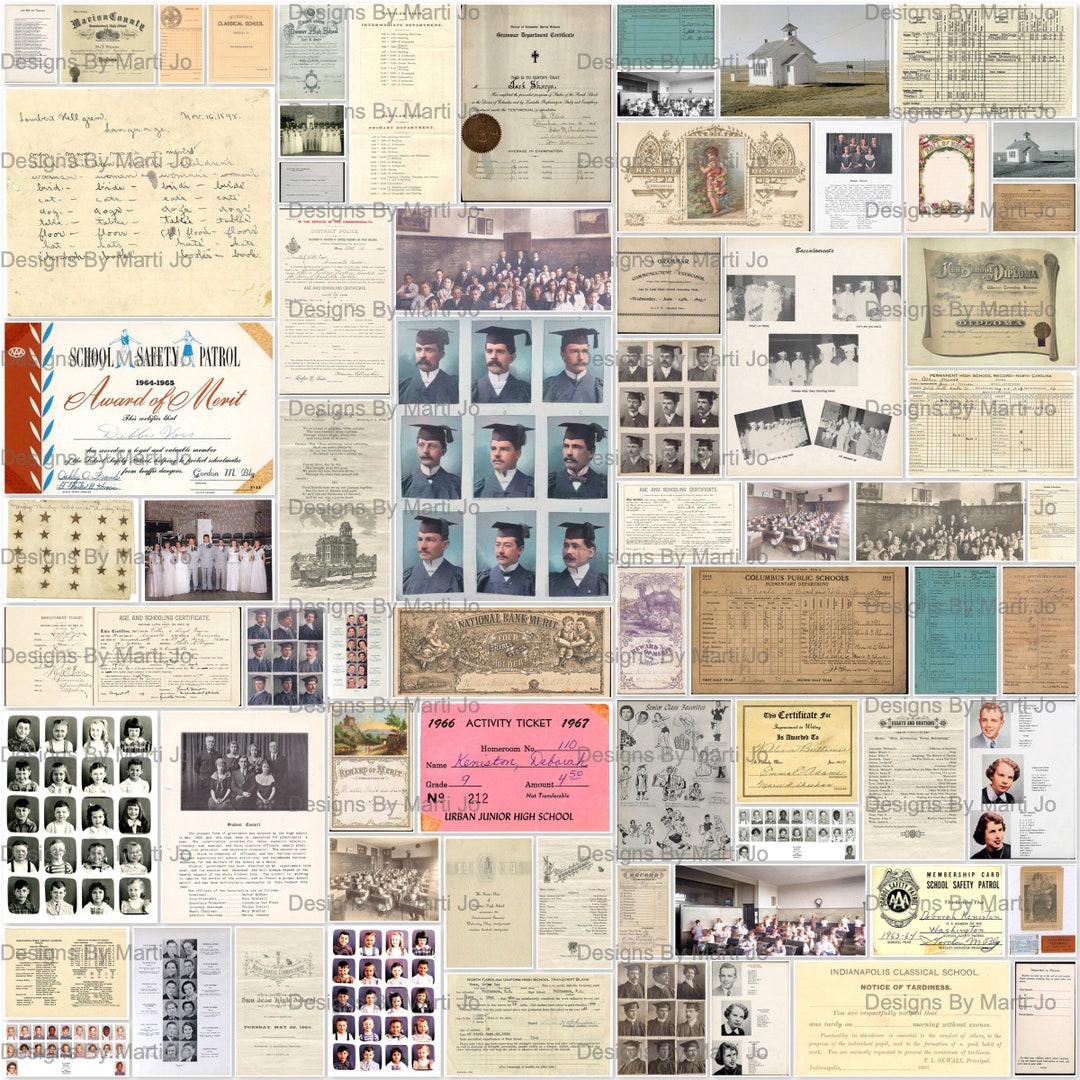 Vintage School Ephemera Clipart Kit 1 | 50 Printable Schoolhouse JPG ...