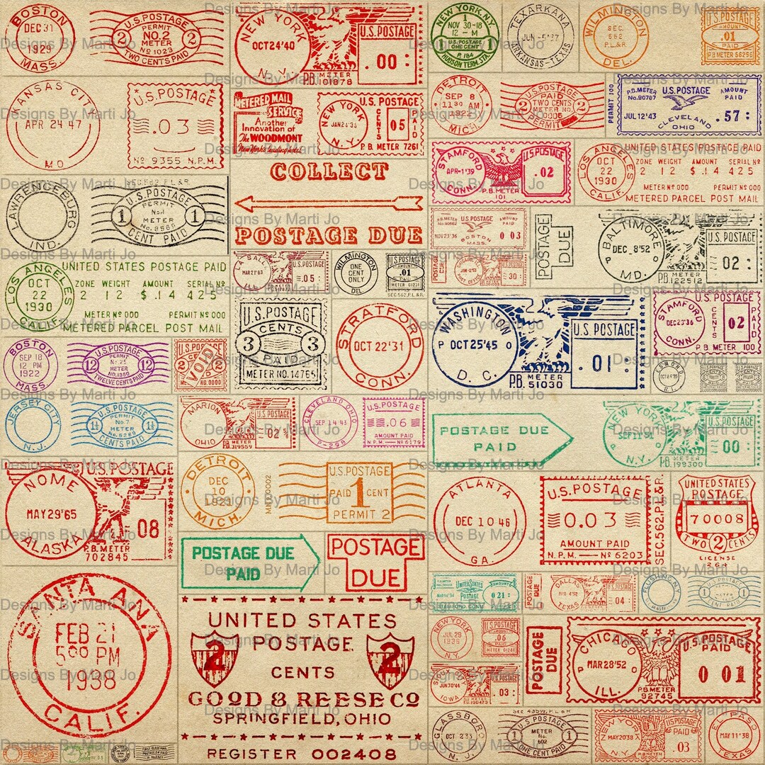 Vintage Postage Meter Stamps | 50 Printable Postal Meter Pngs | BONUS ...