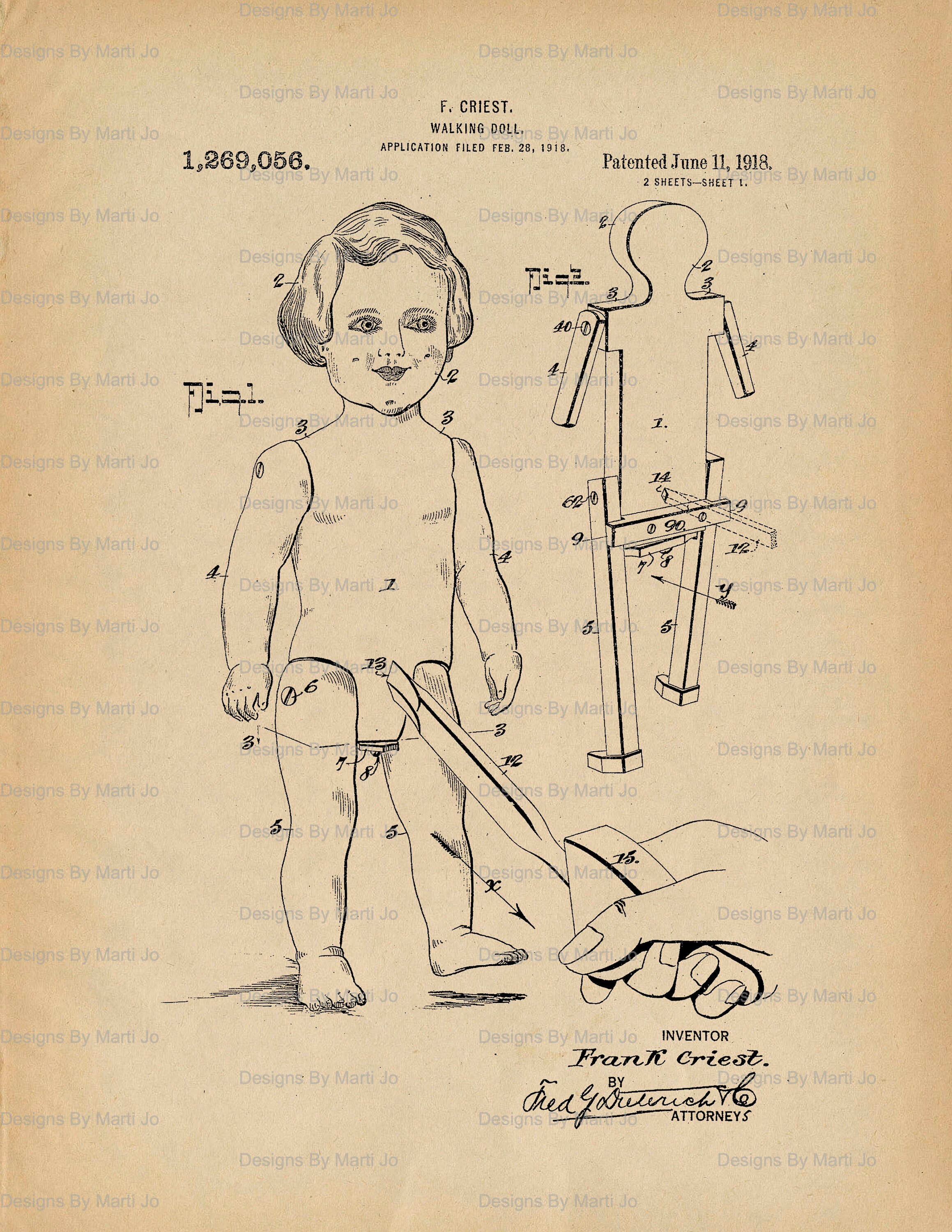 Vintage Toy Doll Patent Art Prints | Aged Paper Backgrounds (digital ...