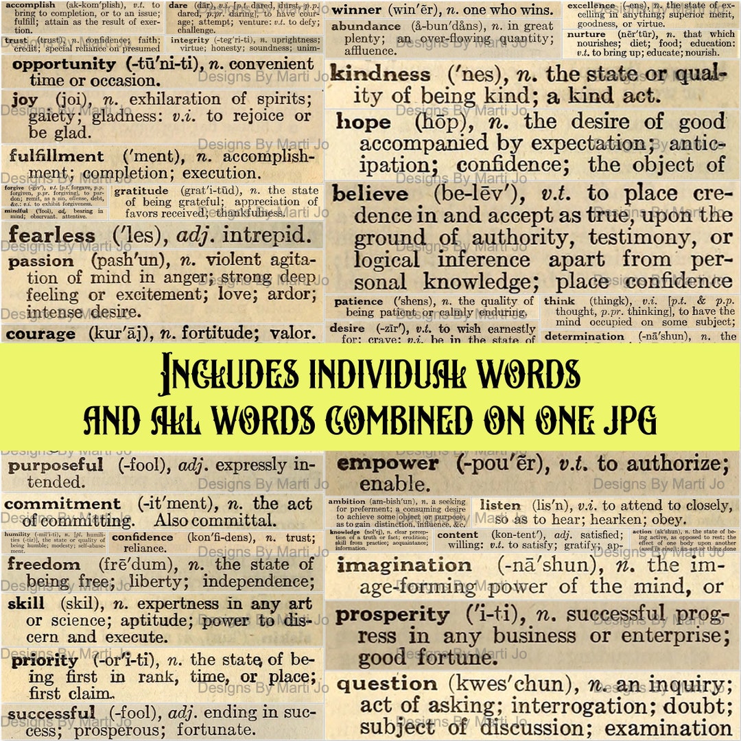 Vintage Motivational Dictionary Words Set 1 | 50 Digital Printable ...