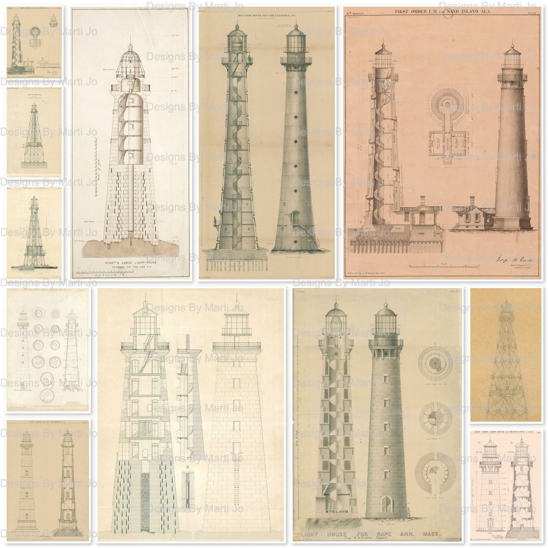 Vintage Lighthouse Drawings | 12 Lighthouse Blueprint Illustrations ...