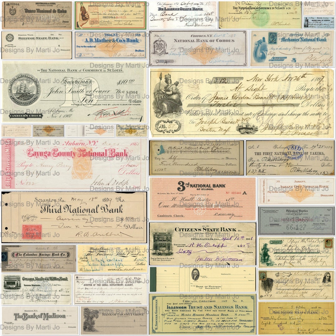 Vintage Checks Digital Kit 2 | Antique Bank Checks Ephemera | Instant ...