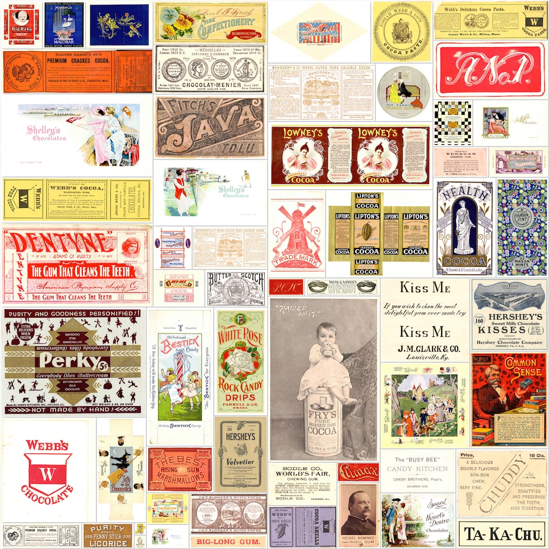 Vintage Candy Labels Kit 2 | 60 Printable Antique Candy, Cocoa and ...