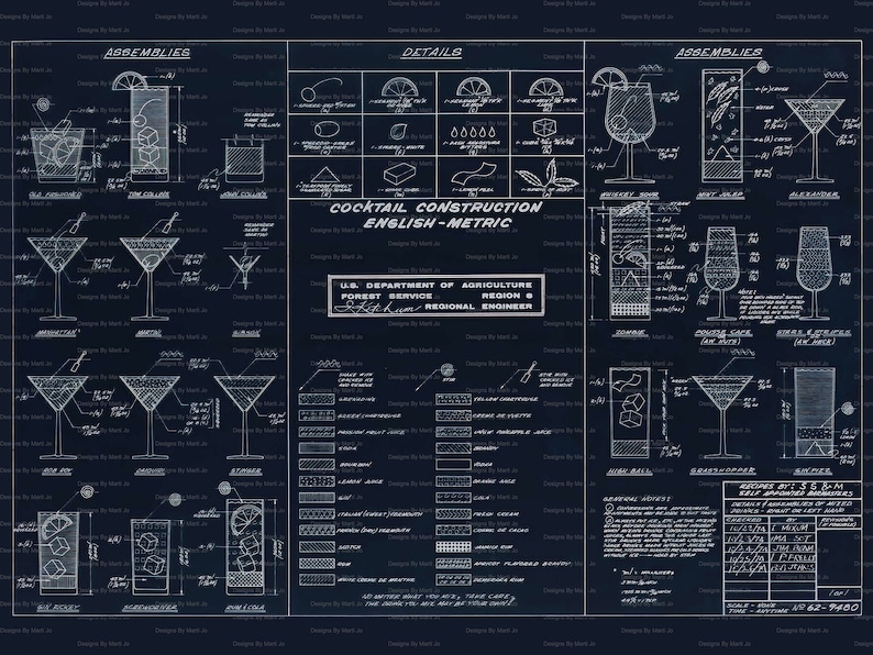 Cocktail Blueprint Bar Wall Art Printable 18 X 24 Inch Bar - Etsy