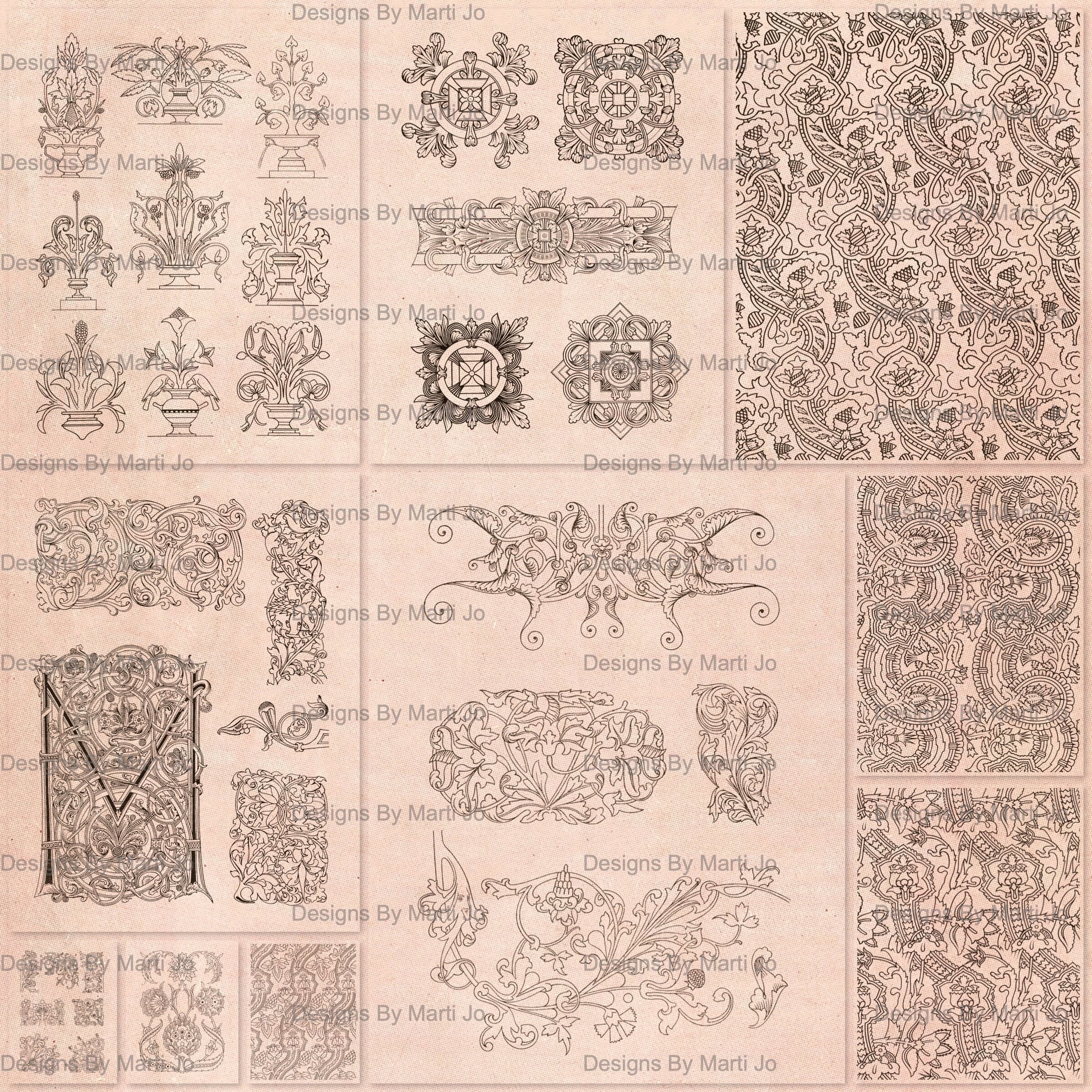 Vintage Floral Line Drawings PNG Overlays | 10 Vintage Foliage Themed ...