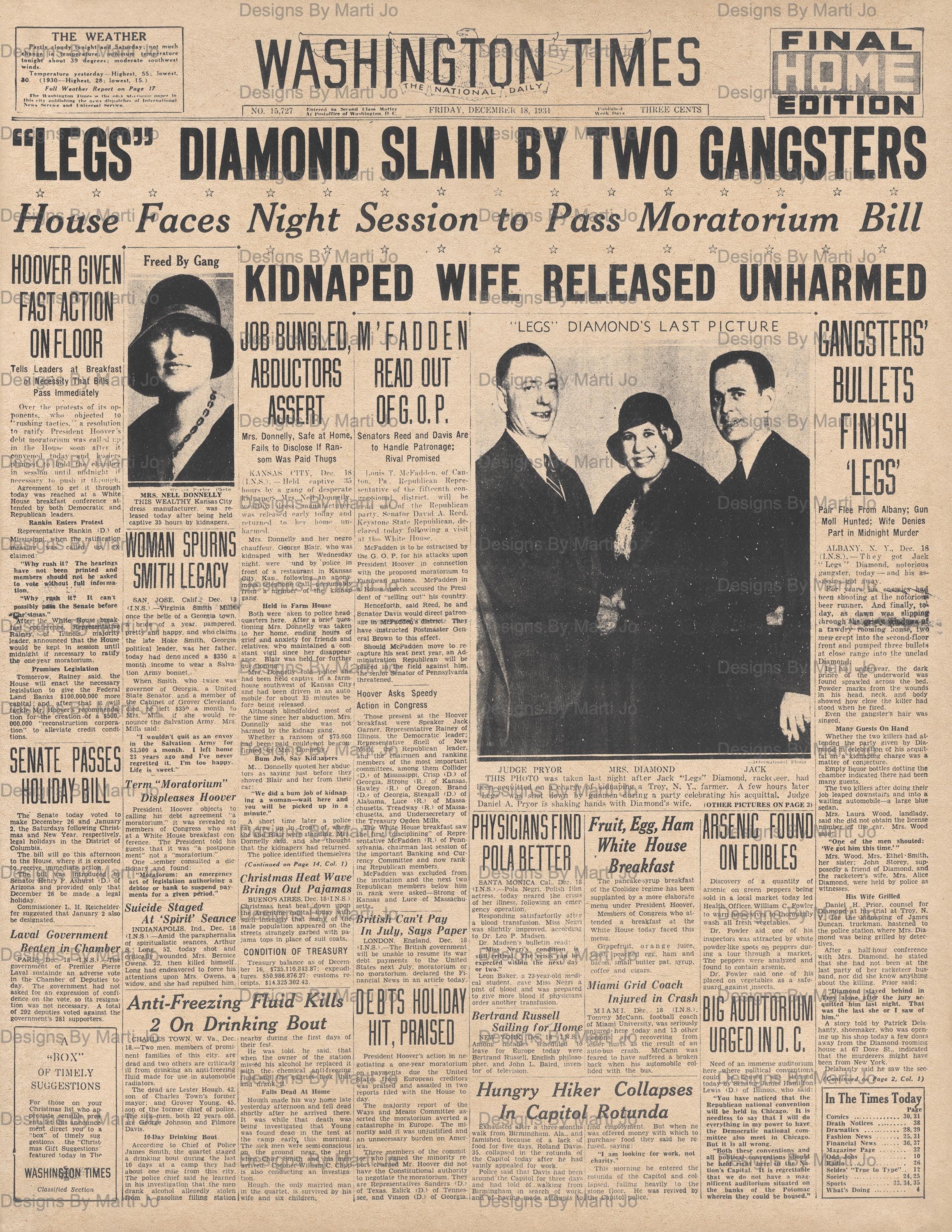 Vintage Newspaper Famous Gangsters Front Page Overlays | 15 8.5 X 11 ...