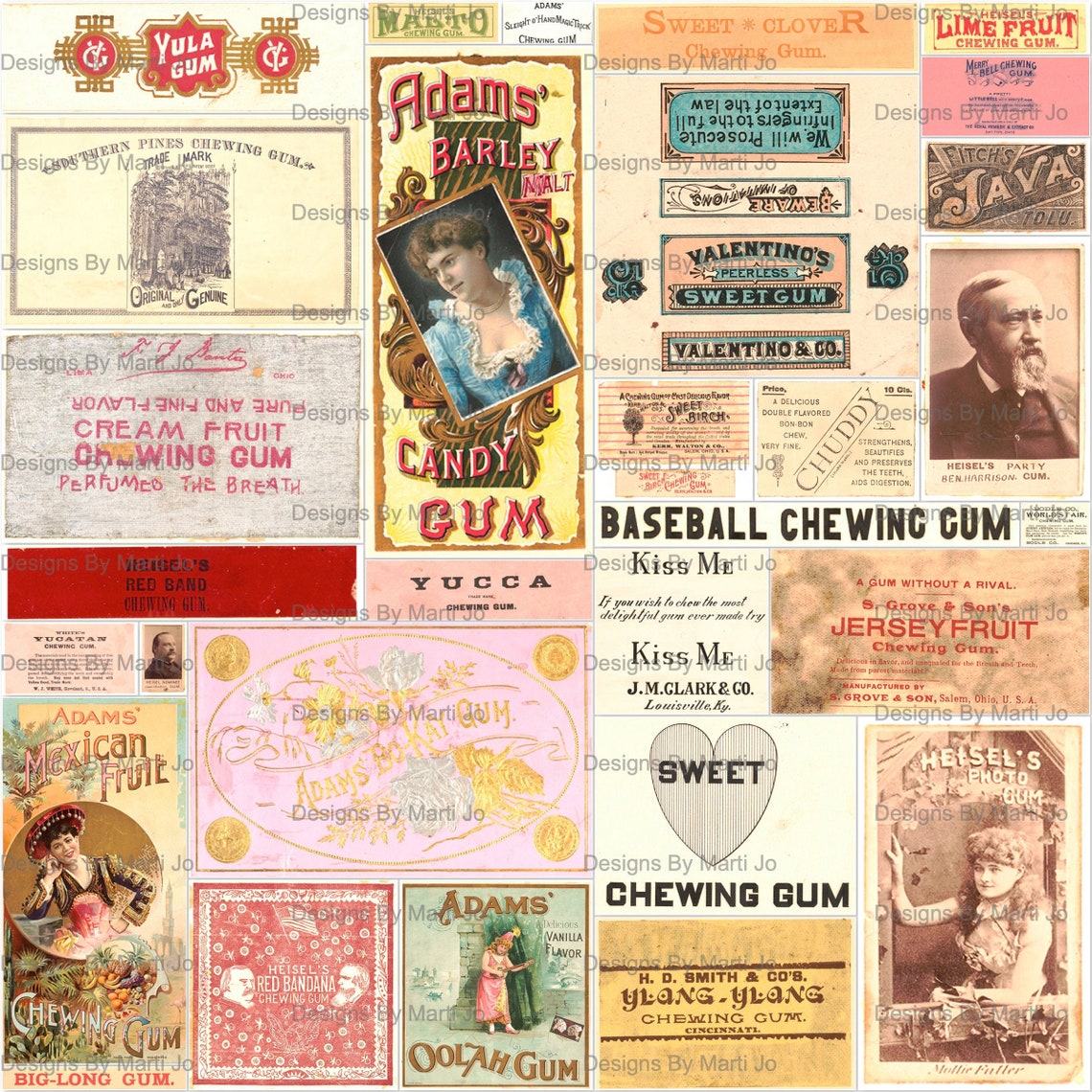 Vintage Gum Labels Kit | 30 Printable Antique Chewing Gum Labels ...