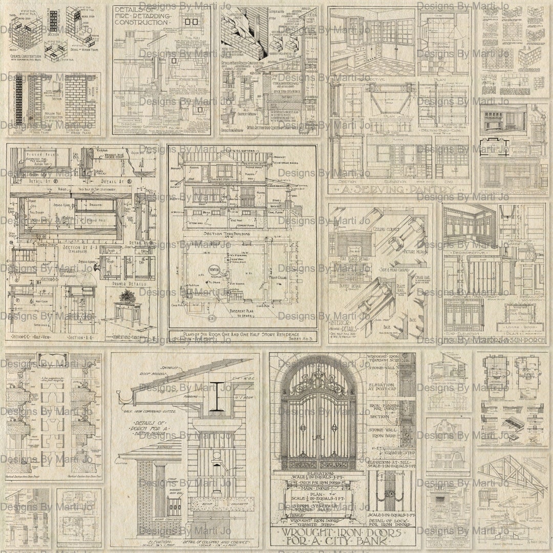 Vintage Architecture Print Drawings PNG Overlays | 20 Vintage ...