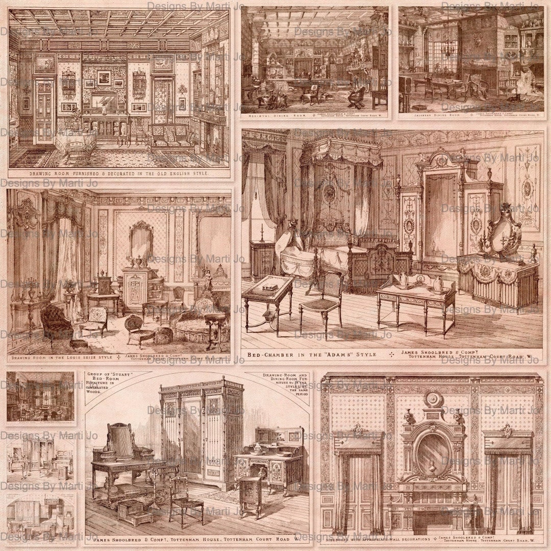 Vintage Room Settings PNG Overlays | 10 Detailed House Rooms Art ...