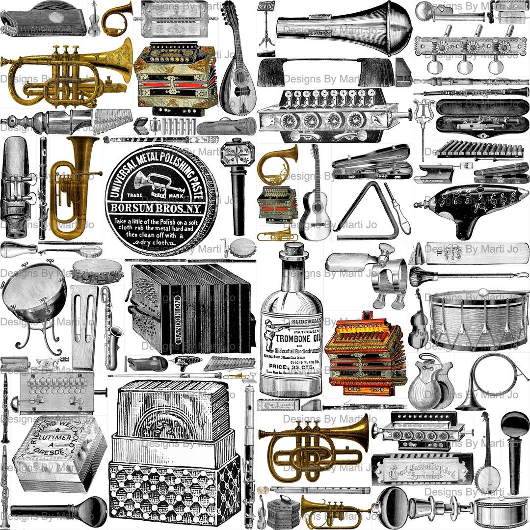 Vintage Musical Instruments Ephemera Kit | 100 Printable Musical PNG ...