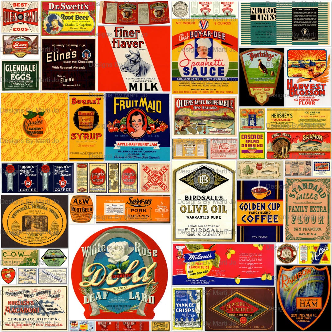 Vintage Food Labels Kit 4 | 50 Digital Antique Food Labels JPG Files ...