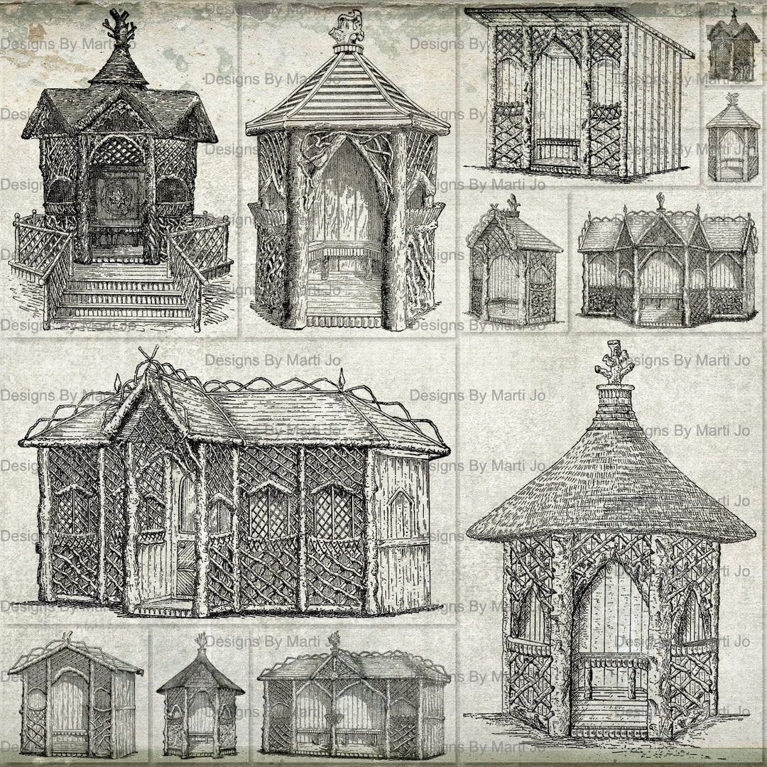 Vintage Rustic Shed Drawings PNG Overlays | 12 Vintage Fairy Houses ...